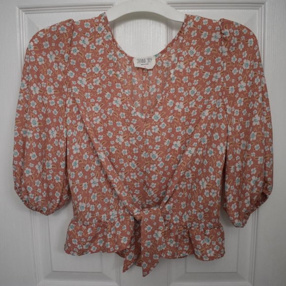 Sienna Sky | Tops | Sienna Sky Pink Floral Cropped Ruffle Lightweight Blouse Shirt Tie Waist ...